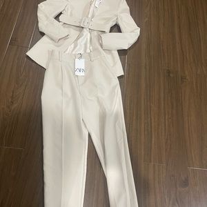 Zara | Pants & Jumpsuits | Zara Cream Belted Pants Suit | Poshmark